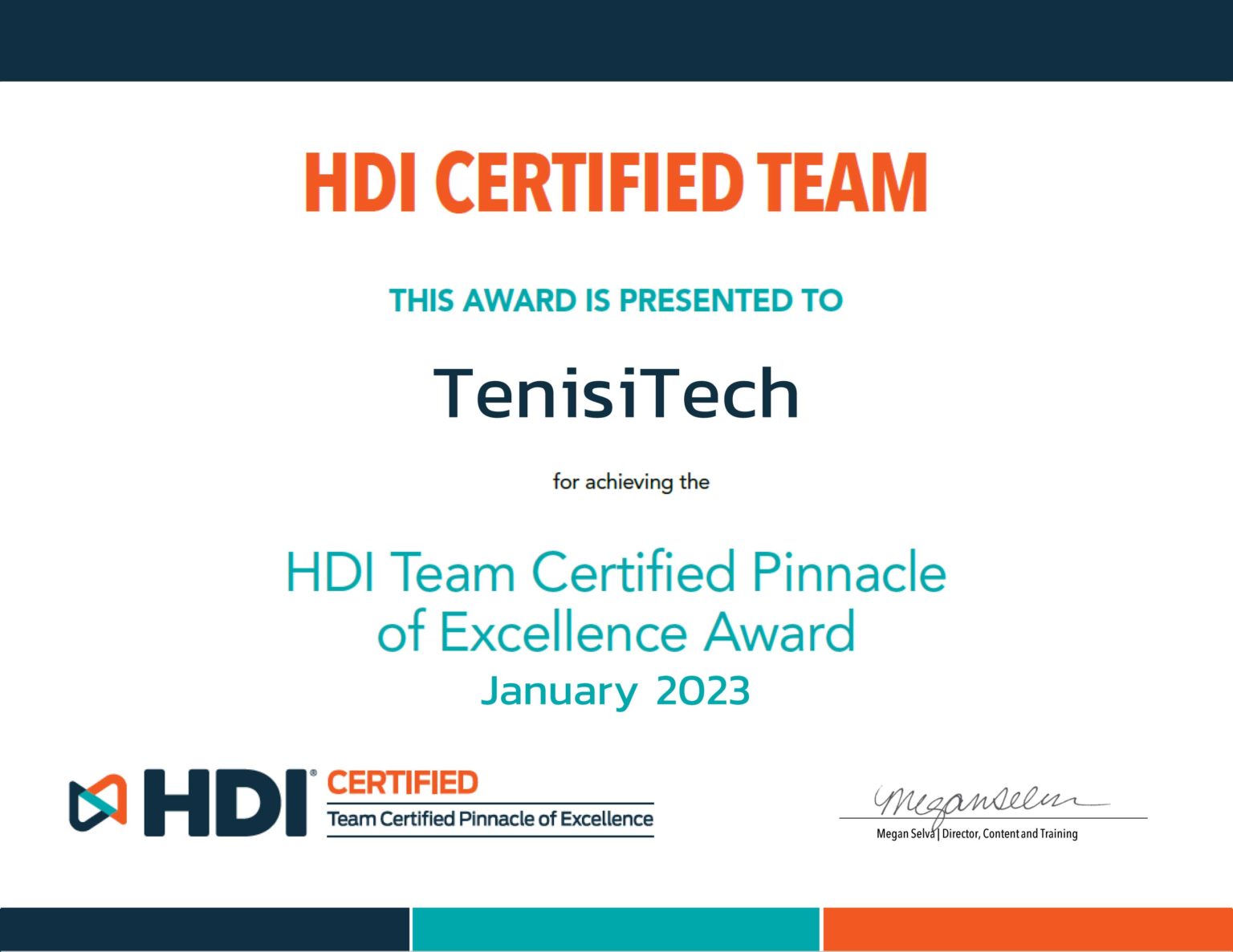 HDI Team Certified Pinnacle of Excellence Award - Tenisi Tech